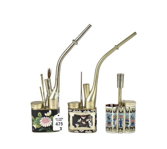 Three Chinese Cloisonne Enamel Opium Pipes Each With Various Tools, Two ...