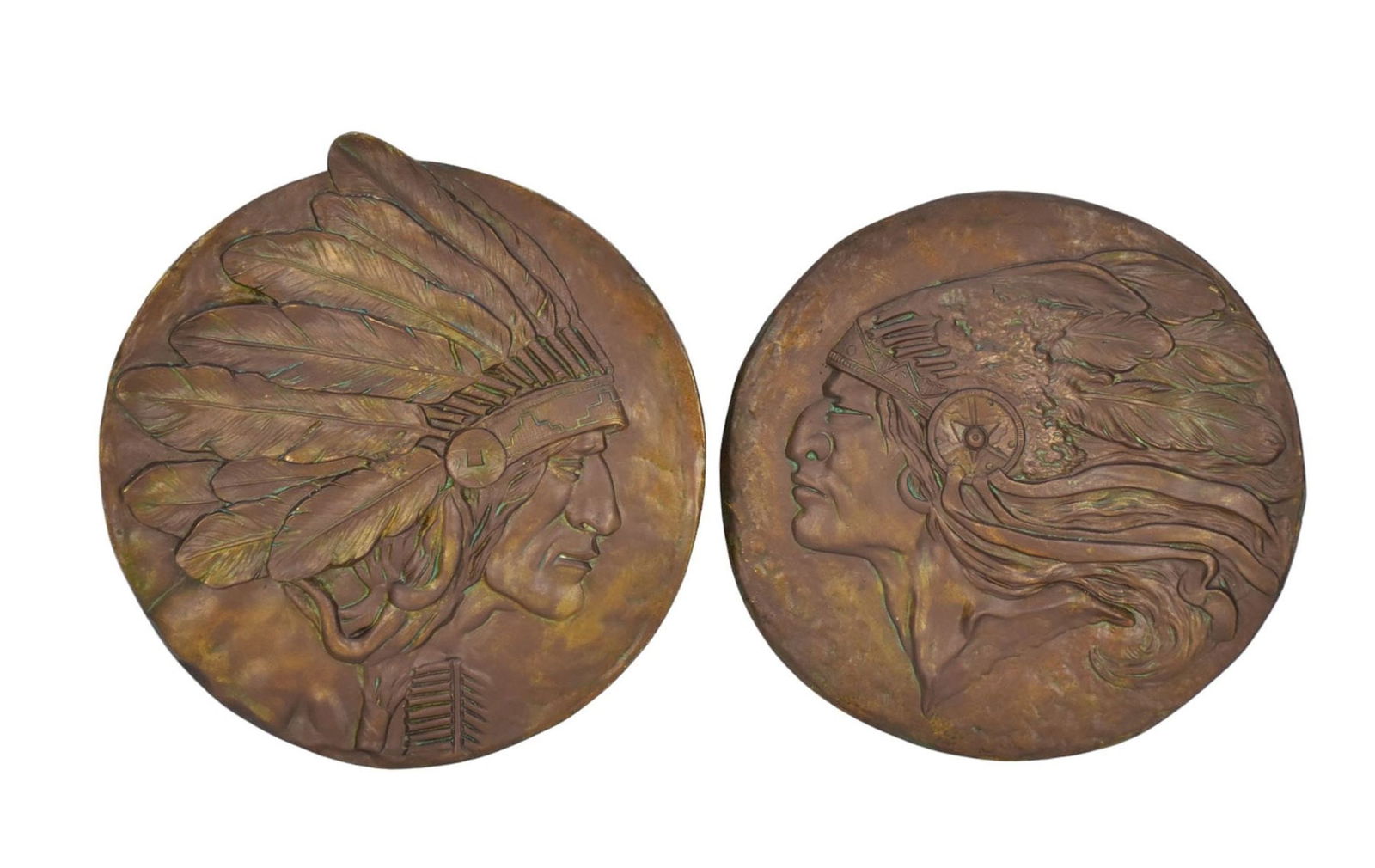 Two Antique Bronze Plaques Of Native American Indian - Two Cast Bronze ...