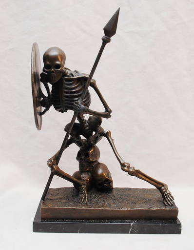 Bronze Warrior Skeleton With Shield, 12"h X 9"w