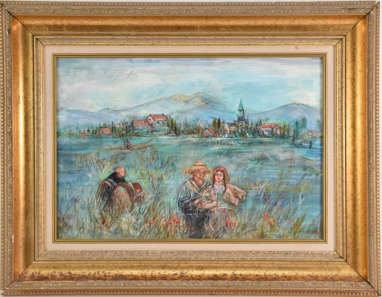 Edna Hibel (american, 1917–2014) Oil On Board, Landscape -figures ...