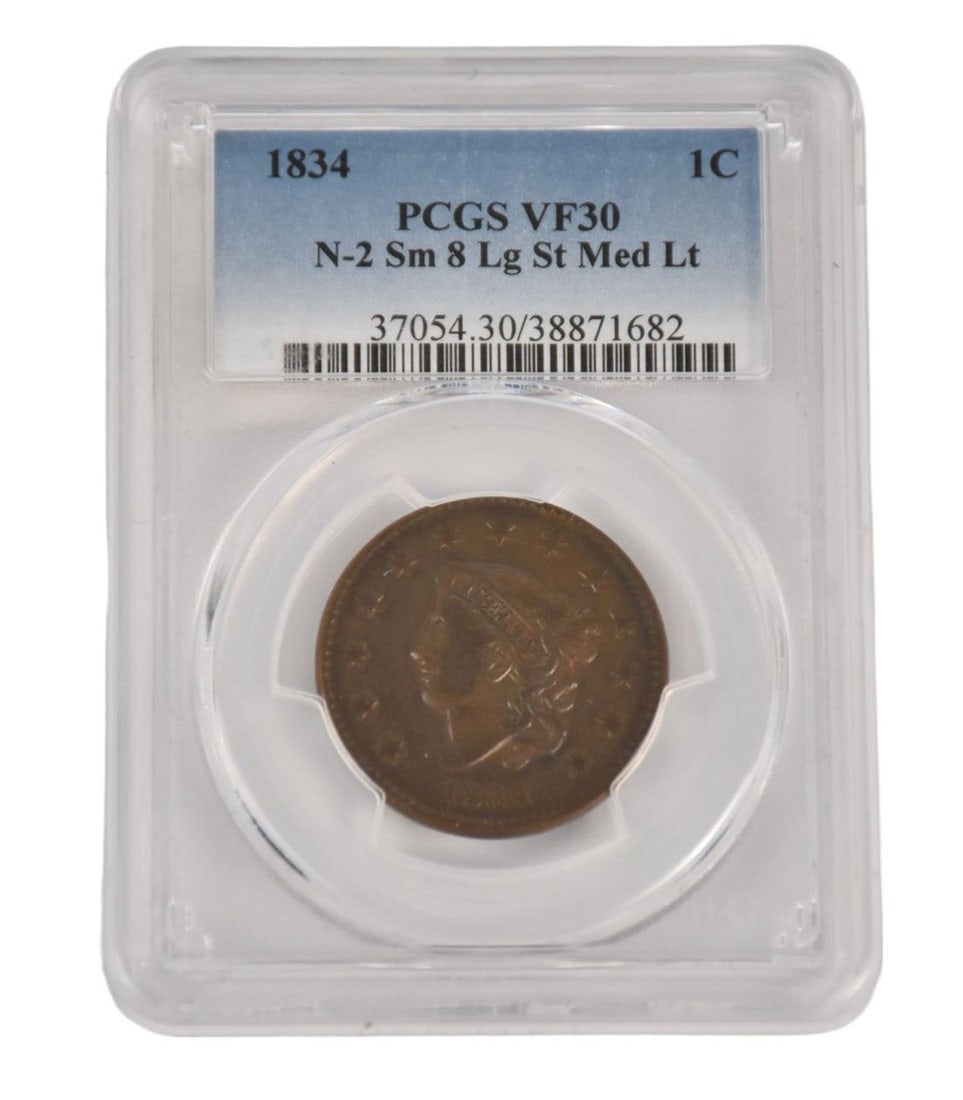 1834 Coronet Large Cent Sm 8 Coin With Lg Stars And Med Letters Pcgs Vf30 Auction