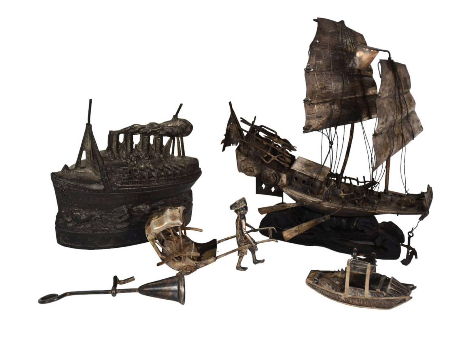 Lot Sterling, Chinese Junket, Miniature Boat, Rickshaw And Lead Total ...