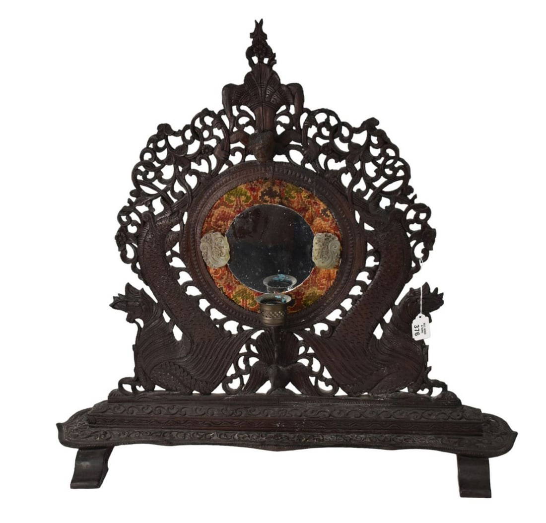 Balinese Carved Framed Mirror With Added Jade And Candleholder 29"h X ...