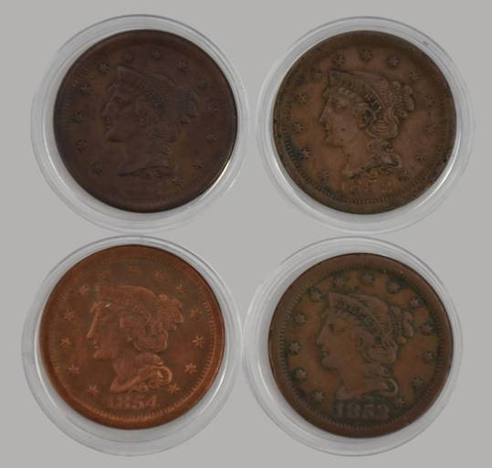 Coins 4 Braided Hair Large Cents. 1851, 1852, 1853 & 1854