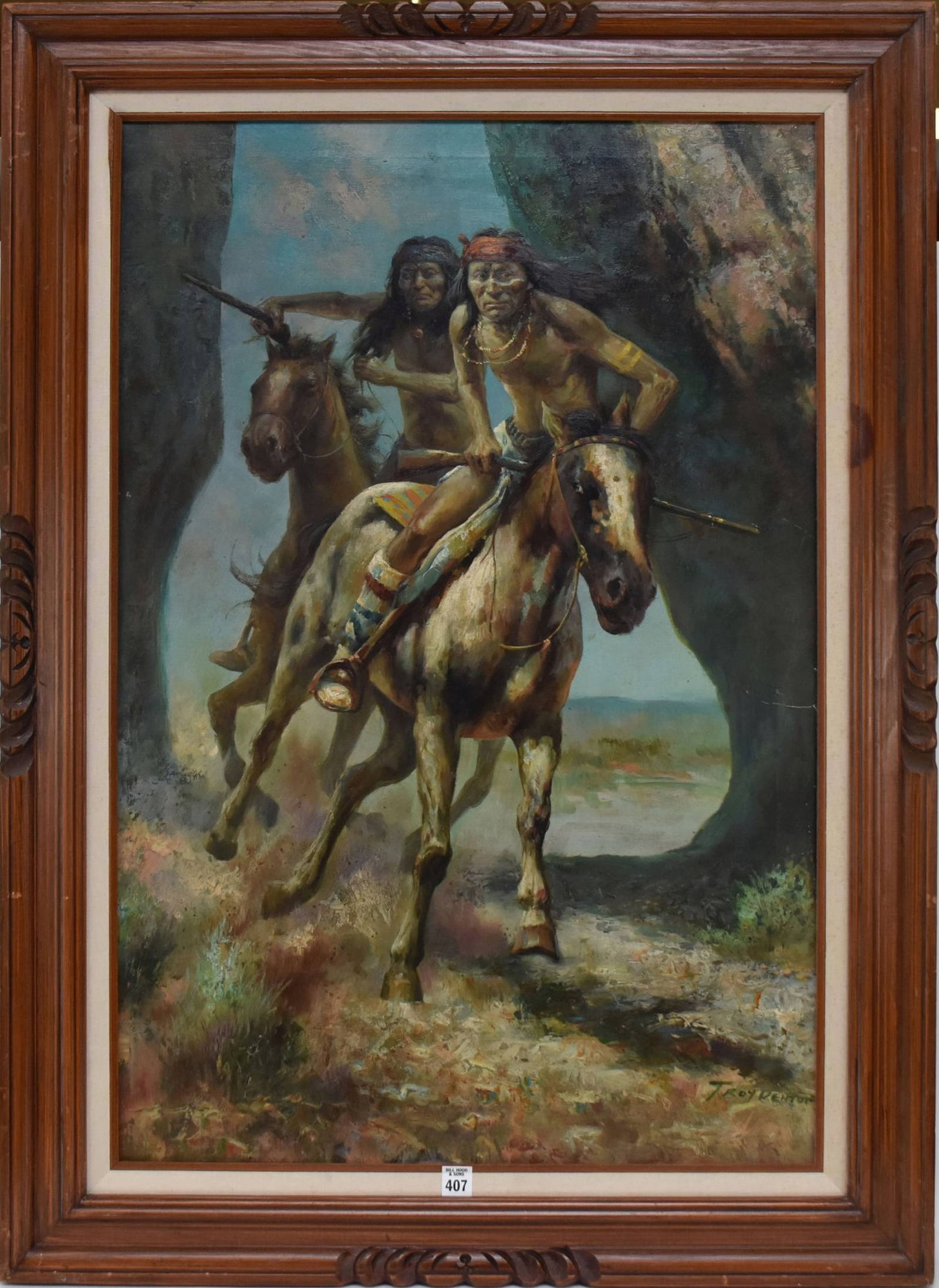 Troy Denton (american, 1949- ) Oil On Canvas, Indians On Horseback ...