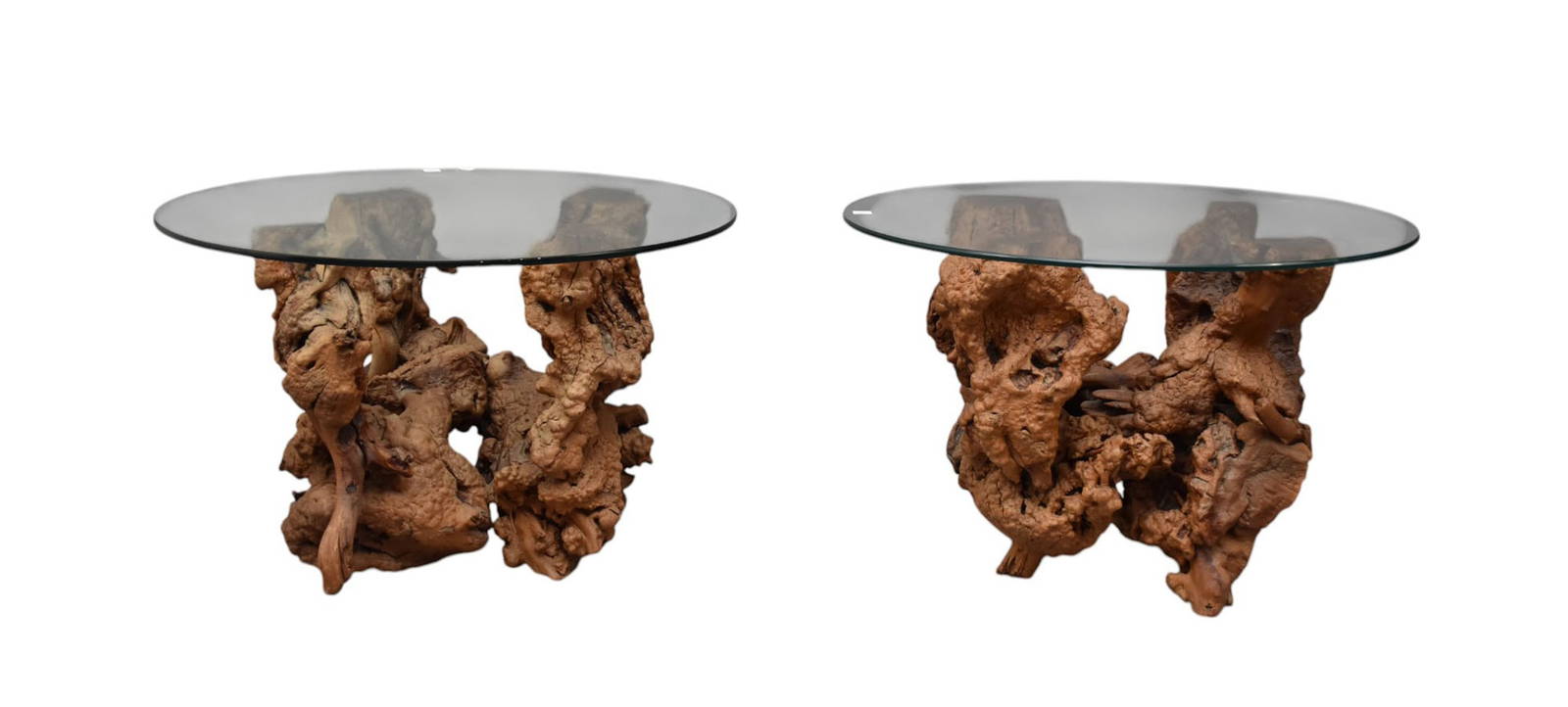 Pair Burled Root Base Glass Top Side Tables, 18 1/4"h X Auction
