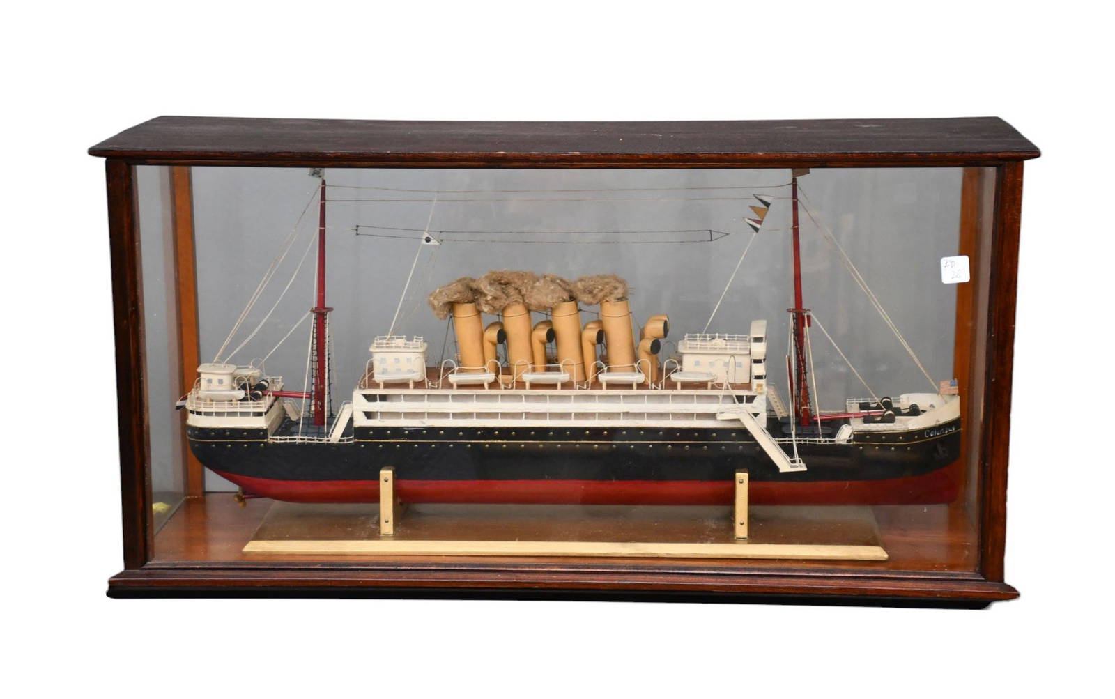 Antique Ship's Model, 4 Steam Stacks, 2 Masts In Custom Case, Case 17"h ...