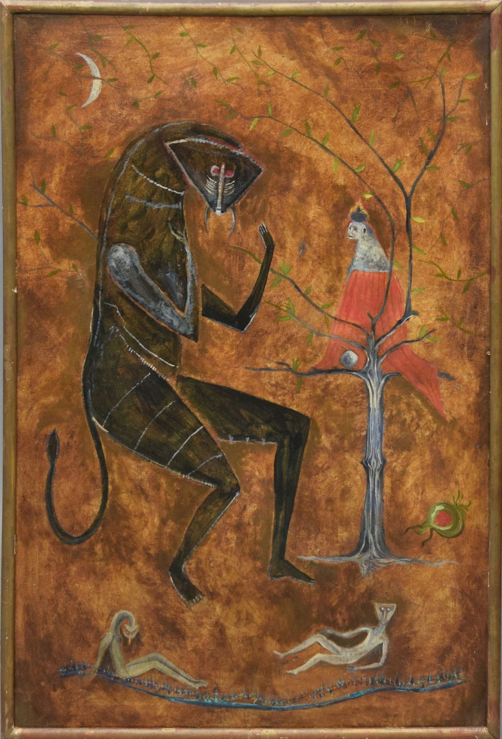 Vintage Oil On Canvas Primitive Surreal Creature No Visible Signature ...