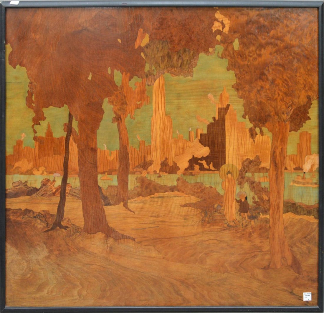 Vintage Rowley Marquetry Inlay Panel , Landscape Woods With Figures And ...