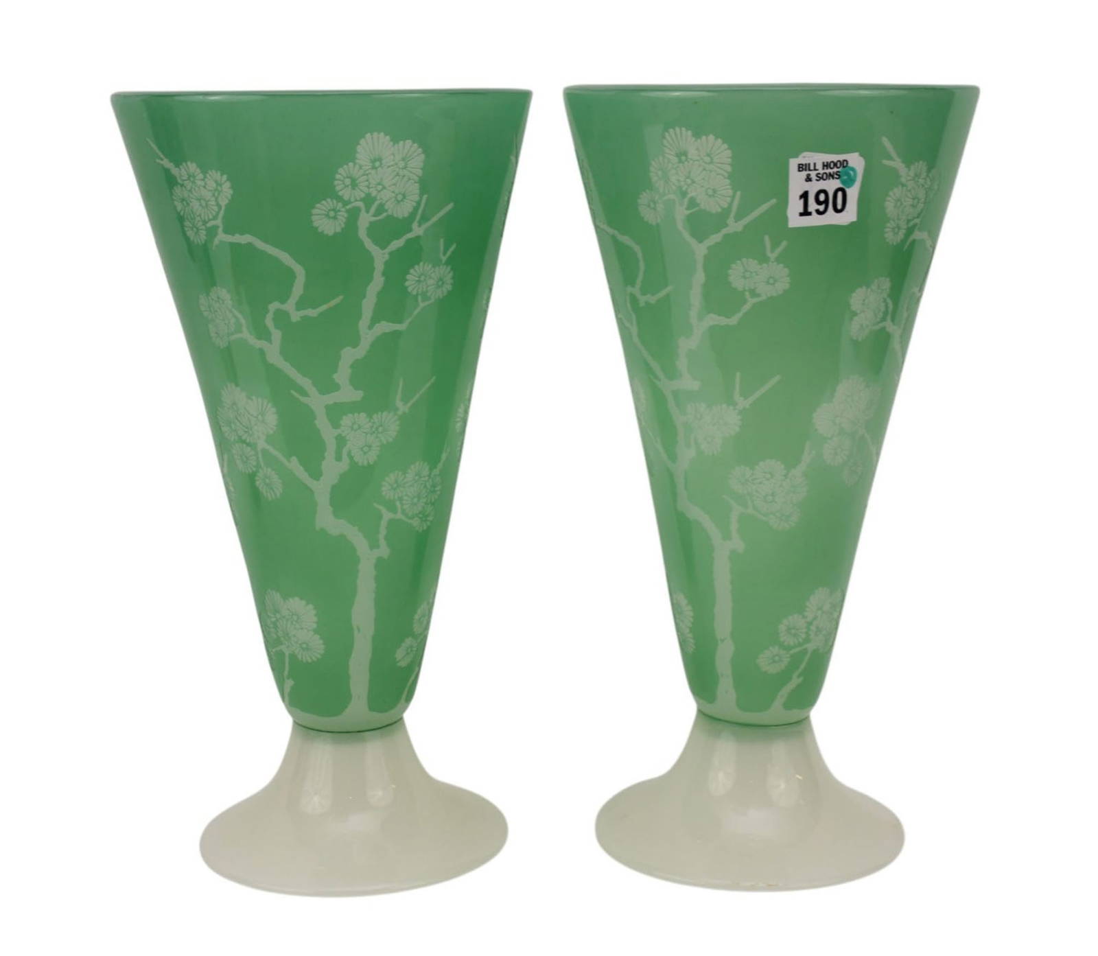 Pair Steuben Glass Vases, Green Opaline With Acid Cut Vine & Floral ...