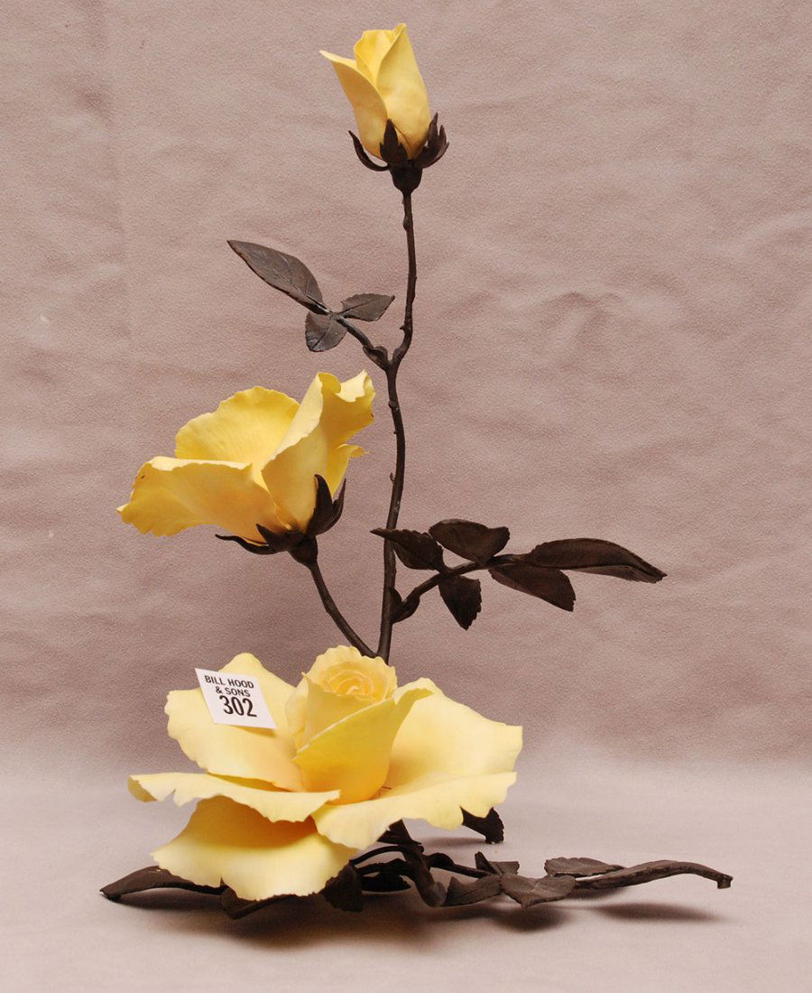 Boehm porcelain, Yellow Rose, 3 roses on metal branch,