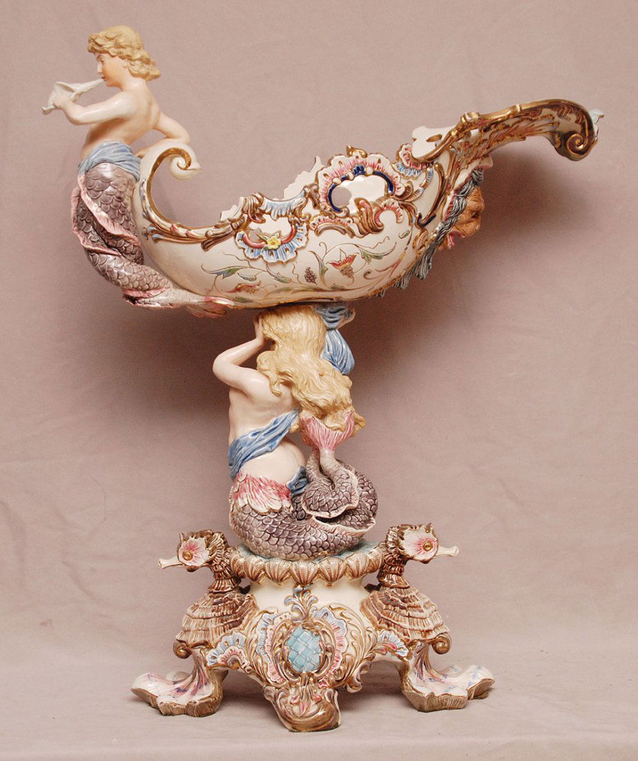 Italian figural Majolica centerpiece "Merman & Mermaid"