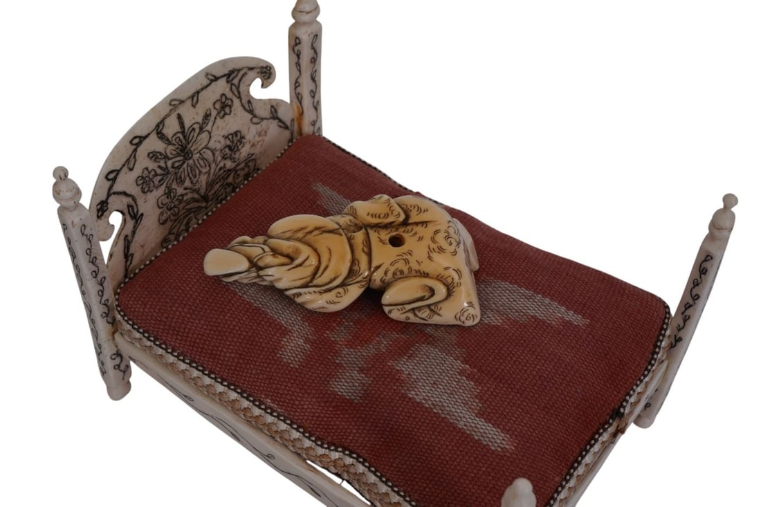 Group Of Antique Carved Small Objects D' Art, Bed With Relining Man ...