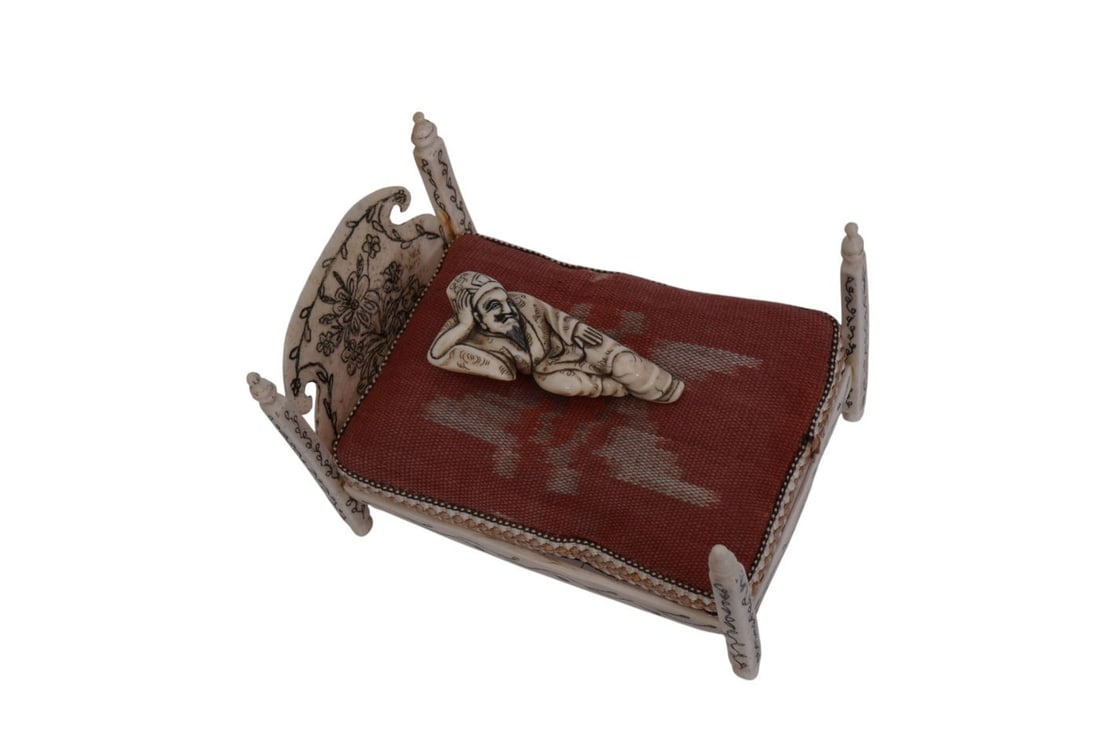 Group Of Antique Carved Small Objects D' Art, Bed With Relining Man ...