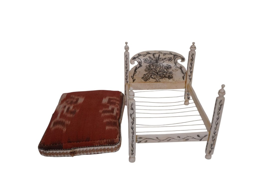 Group Of Antique Carved Small Objects D' Art, Bed With Relining Man ...
