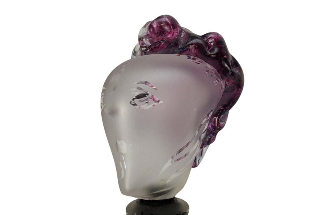 Studio Art Glass Female Head Sculpture On Pedestal, Frosted & Etched ...