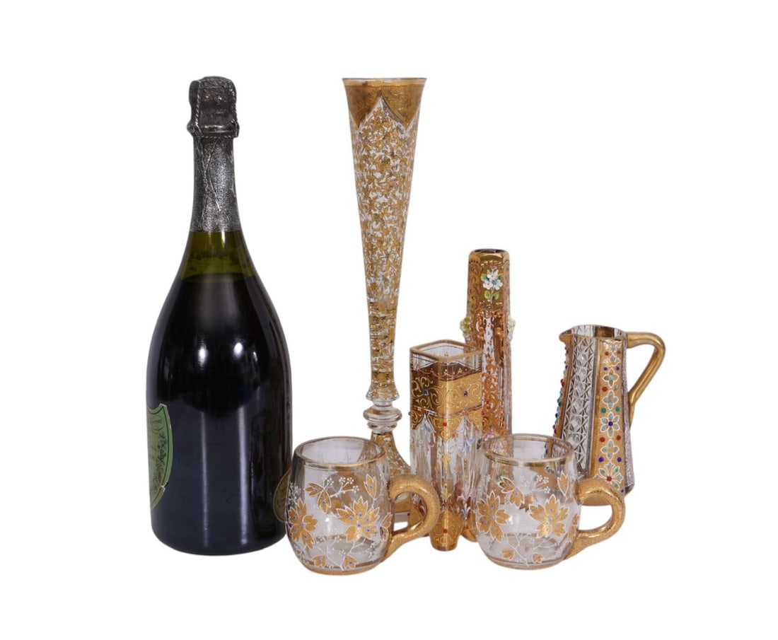 6 Pcs. Assorted Moser Glass Tablewares With Gold Accents & Enamel, 3 ...