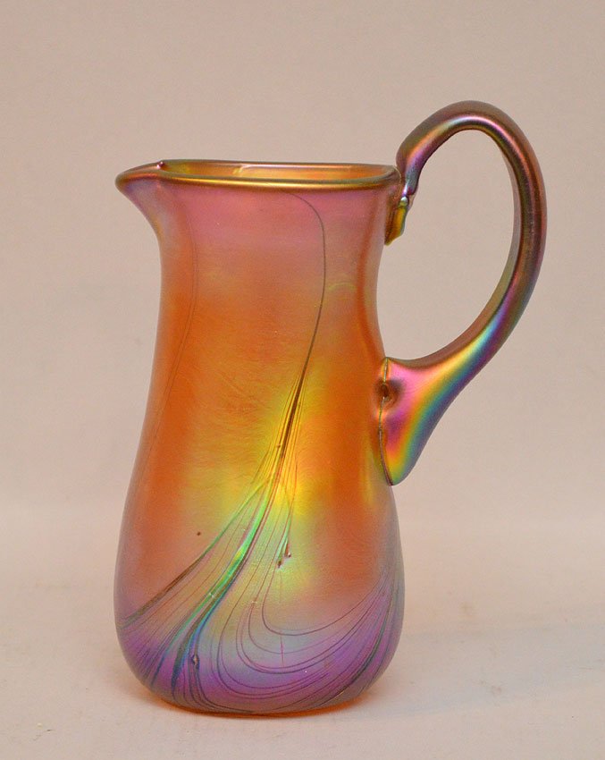 Tiffany Gold Farvrile Glass Pitcher With Iridescent Swi