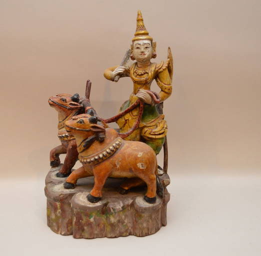 Oriental Wood Figure With Pair Of Mythological Work