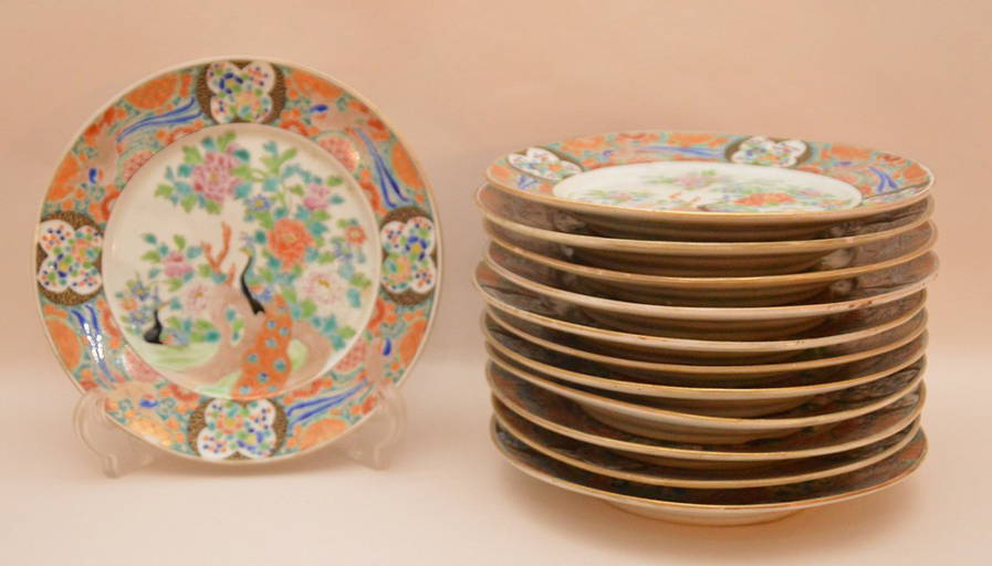 12 Chinese Rose Mandarin Plates, Flowers And Peacocks,