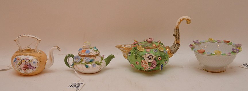 3 Antique German Porcelain Miniature Teapots. 1 Meissen