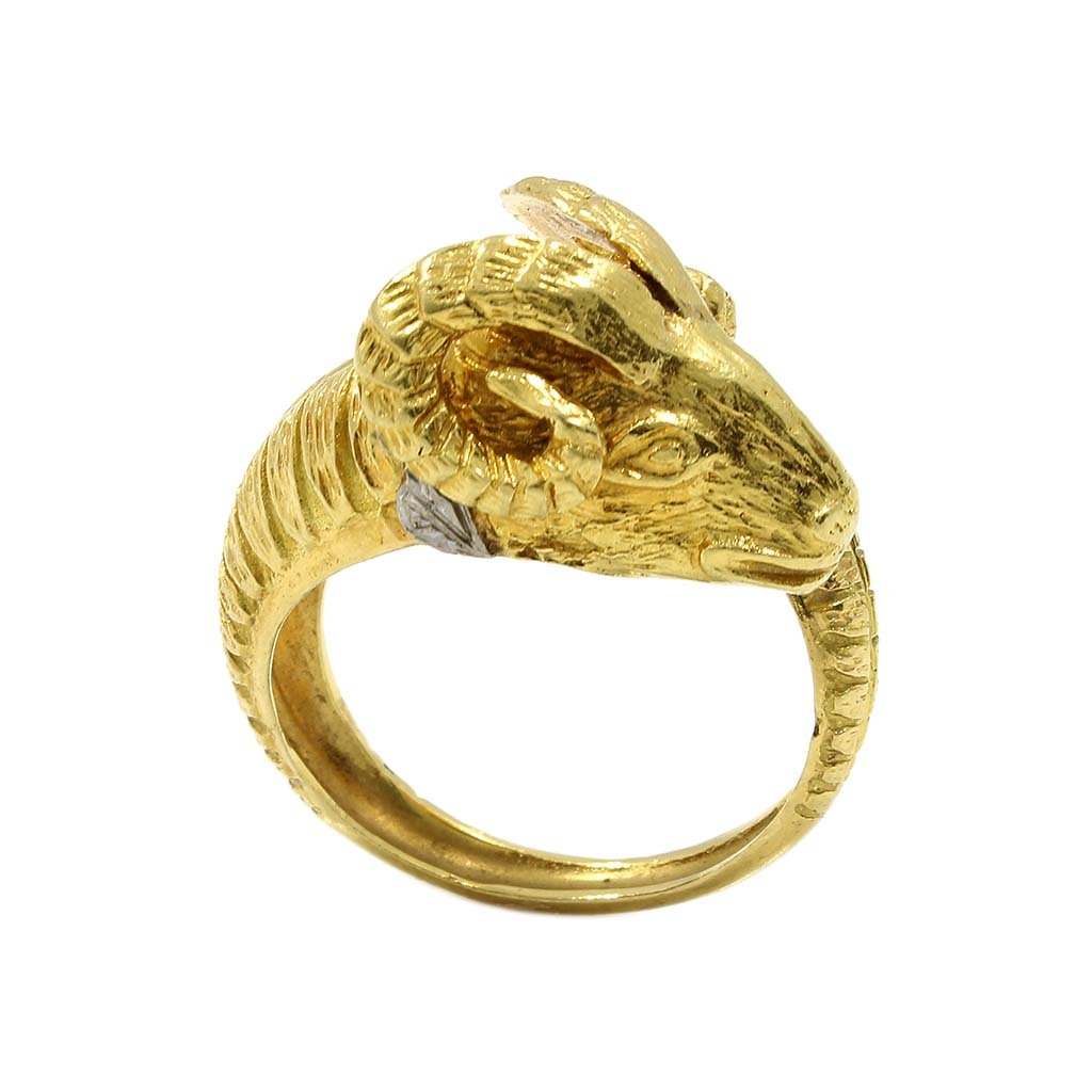 Vintage 18K Gold & Diamond Ram Head Ring, Greece