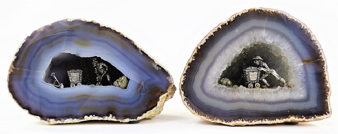 PR 20TH C. HALVED GEODES WITH DIORAMA MINER SCENES