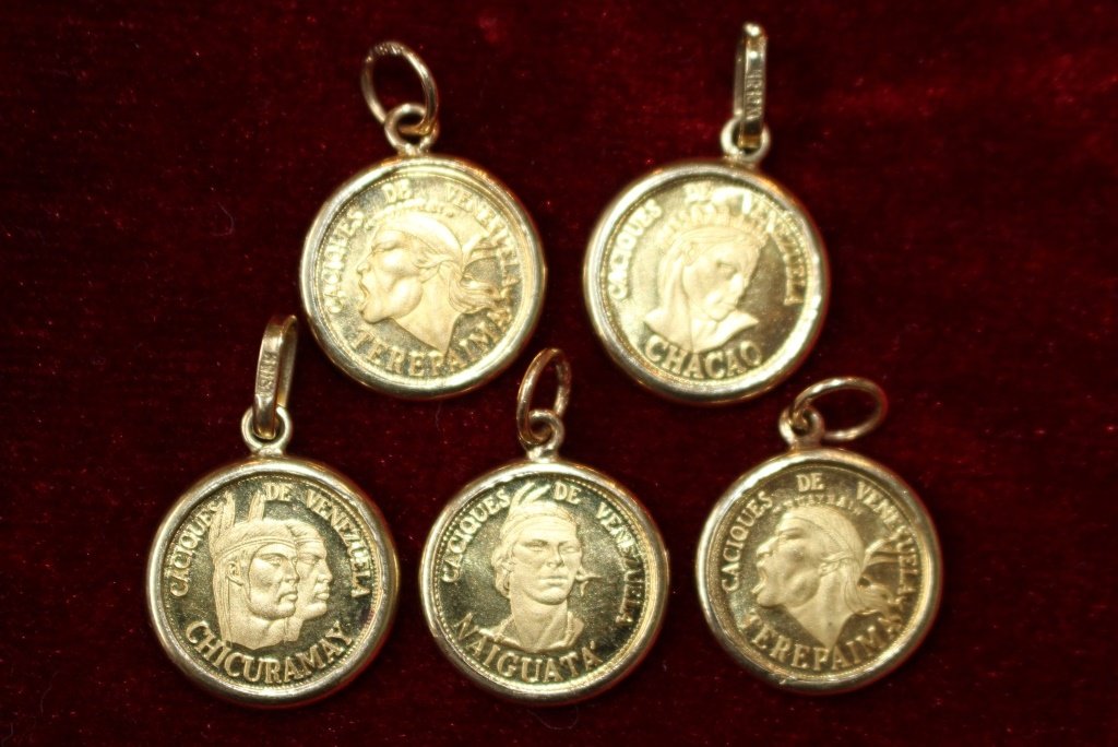 (5)caciques De Venezuela .900 22k Gold Coins 1956