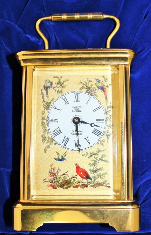 HALCYON DAYS ENAMEL & BRASS CARRIAGE CLOCK