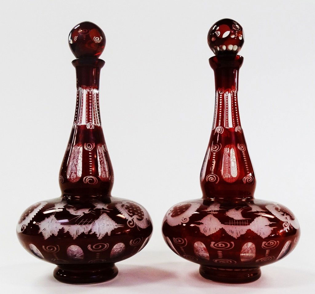 Pr Antique Ruby Red Cut Clear Bohemian Decanters