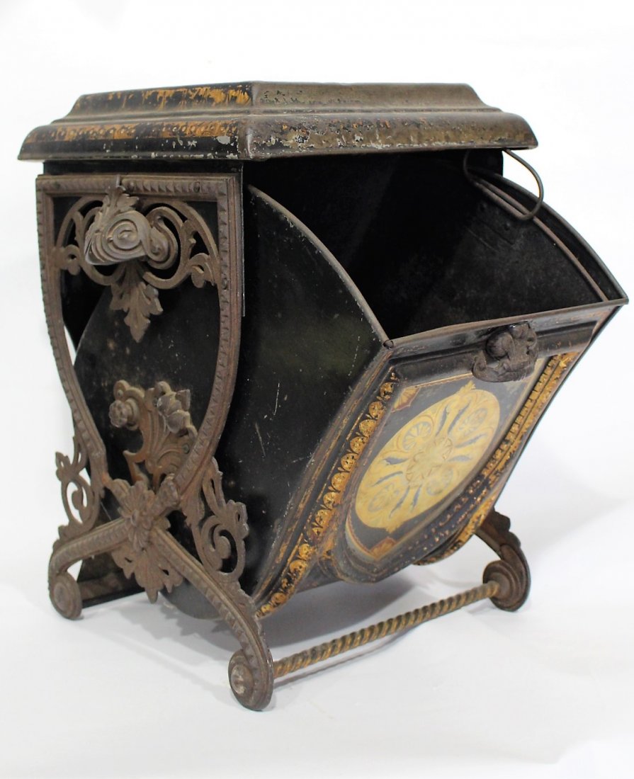 Fantastic 19th C. ORNATE COAL SCUTTLE Hod Glass Panels