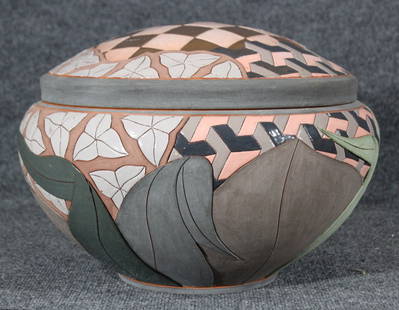 Don Cornett Modern Polychrome Lidded Pottery Vessel