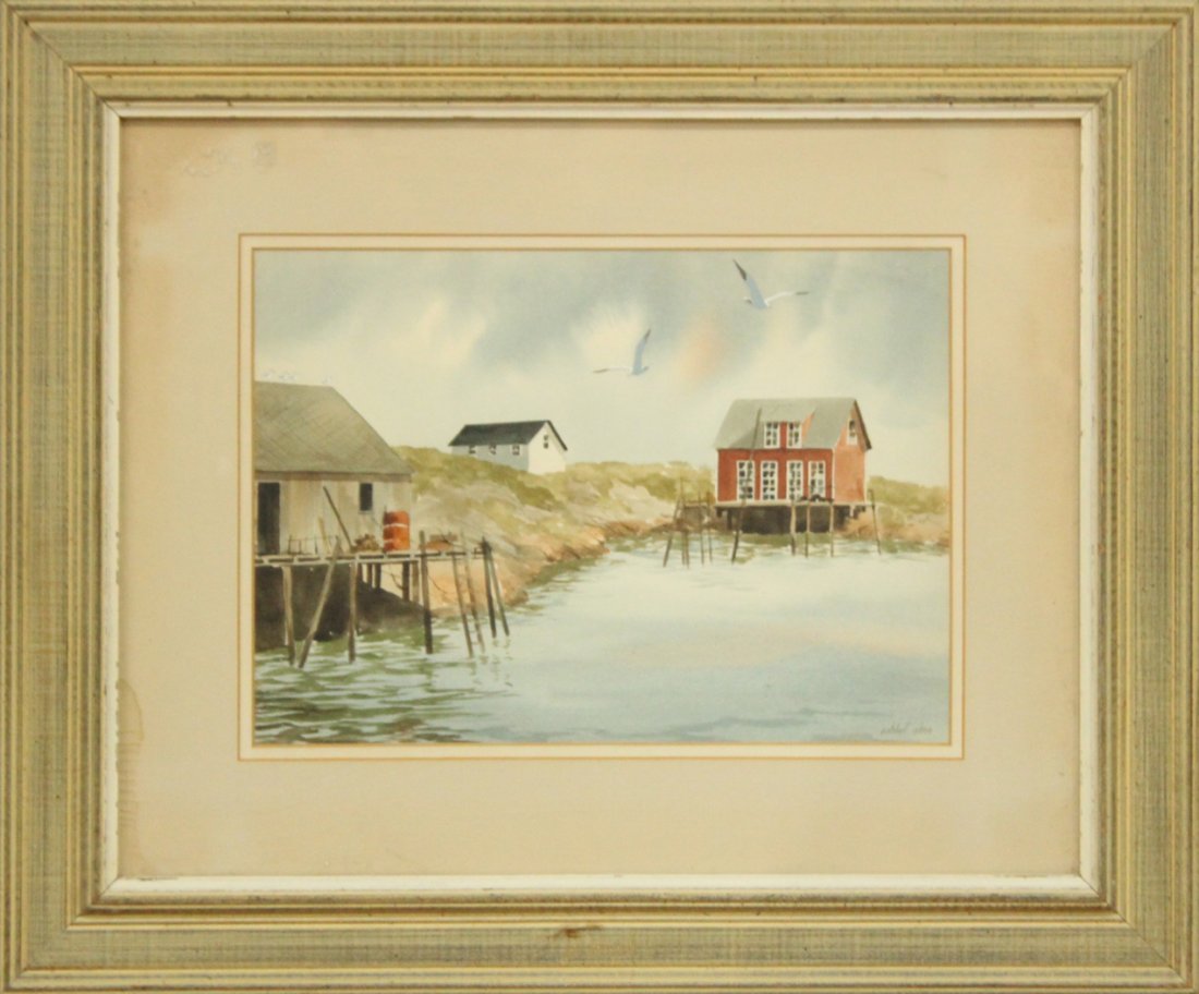 Denise Patchell Olson, W/C, Fishing Shacks In Cove.