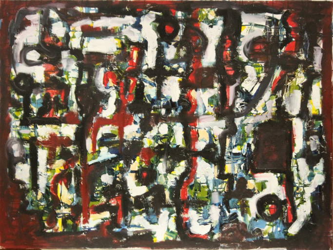 Mid Century Design Busy Abstract Oil/c Painting