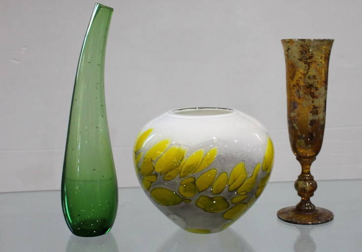 Grouping 3 Glass Vases & 1 Pottery Vase