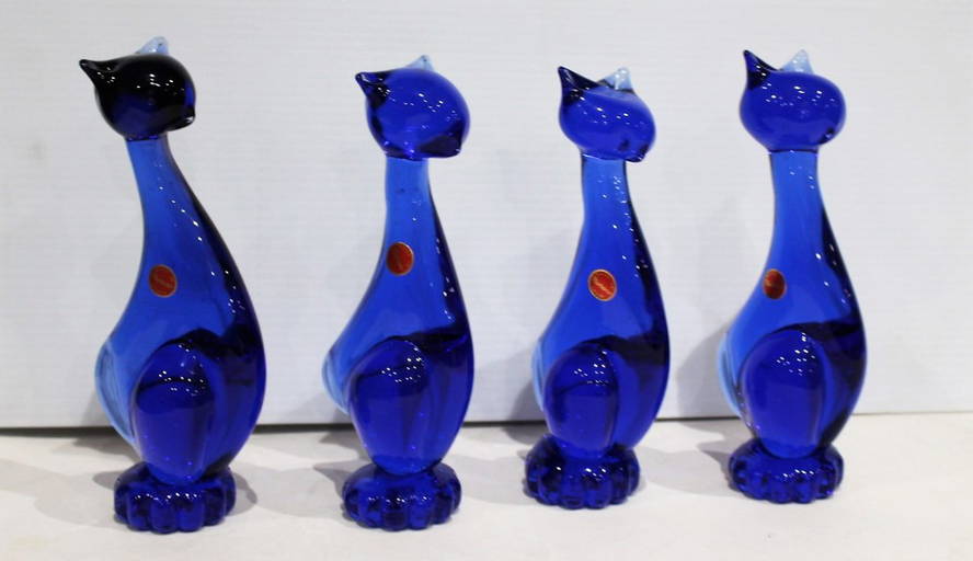 Four [4] Cobalt Blue Murano Glass Cats With Labels