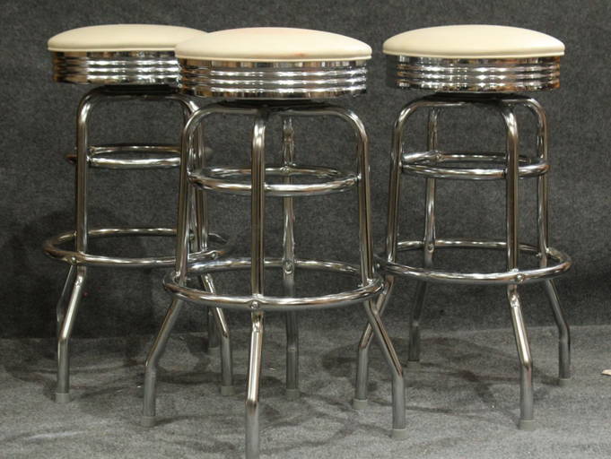 Three [3] Chrome Base Bar Stools Having Swivel Seats
