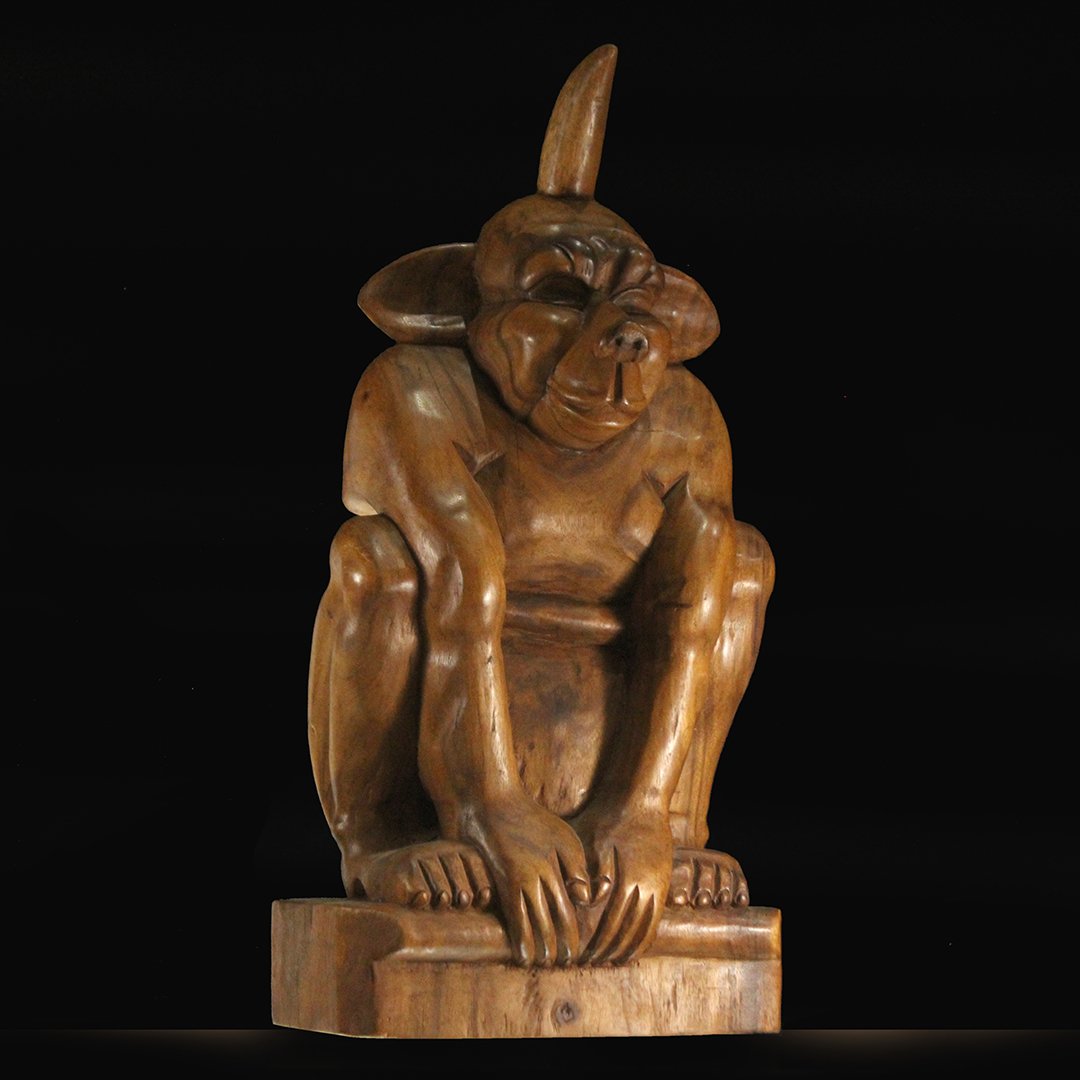 Large Carved Wood Gargoyle Figure, 30 Inches Tall