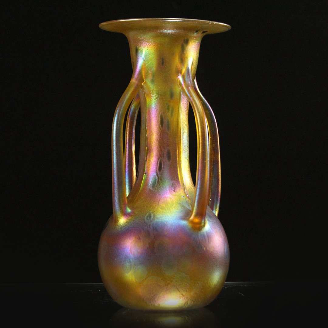 Art Glass Marigold 4 Handled Vase Signed Mullin