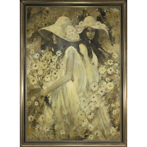 George Shelly, Large Masterpiece Oil Painting 2 Girls