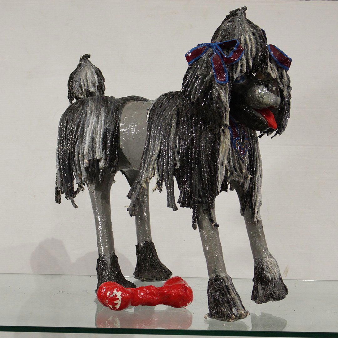 20th C. Folk Art Paper Mache Poodle with Red Bone