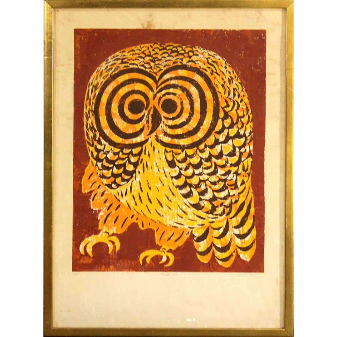 Frederick Terna, Mid Century Lithograph "orange Owl"