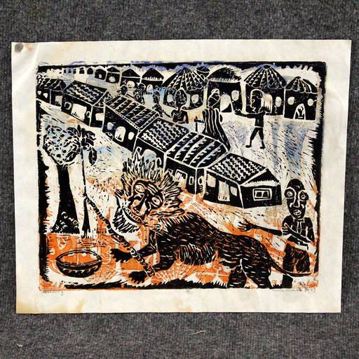 Vintage Woodblock Haitian Village With Lion, Signed.