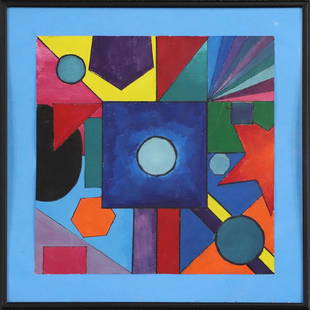 Mid Century Modern Hard Edge Geometric Abstract Painting, Unsigned