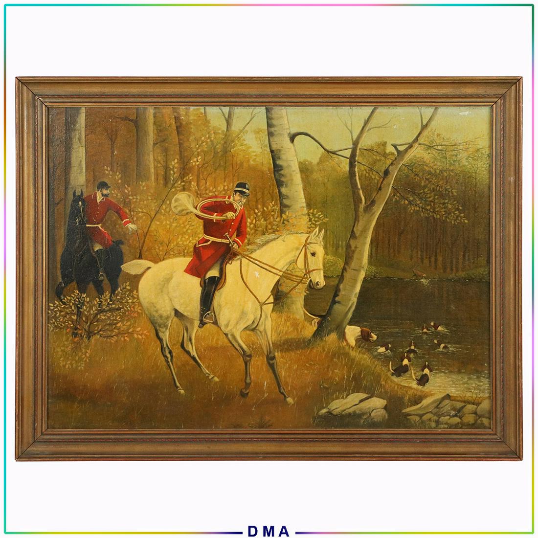 Circa 1930s English Hunt Scene Oil Painting Signed H H