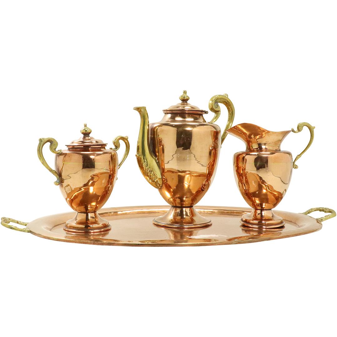 Elegant 4 Pc Copper And Brass Tea Set With Tray