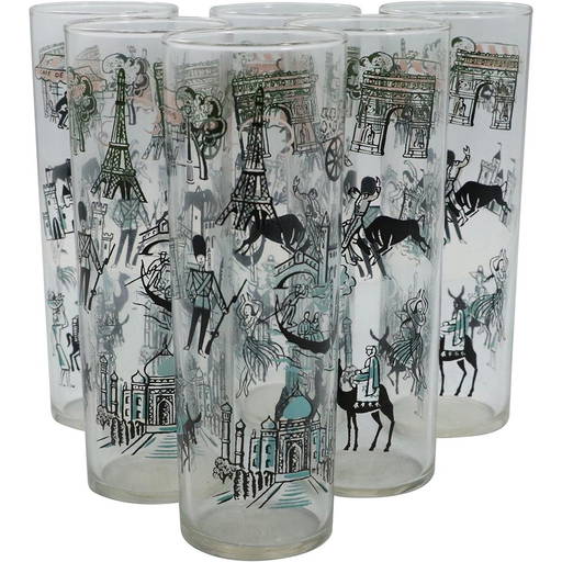 6 Mid Century Drinking Glasses Scenes Around The World