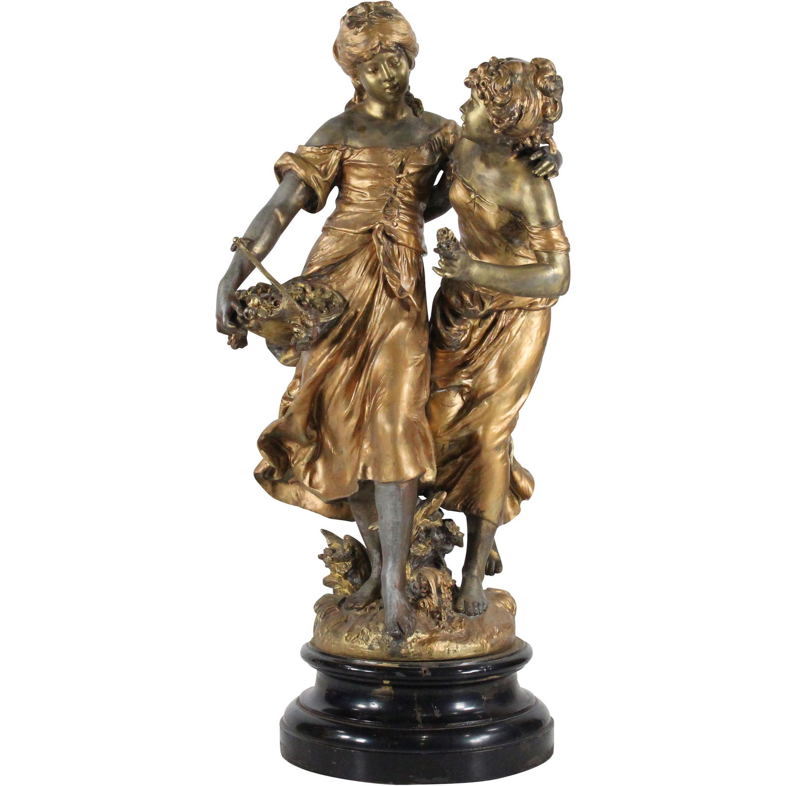 Auguste Moreau Signed 33 Inch Tall Sculpture Two Girls