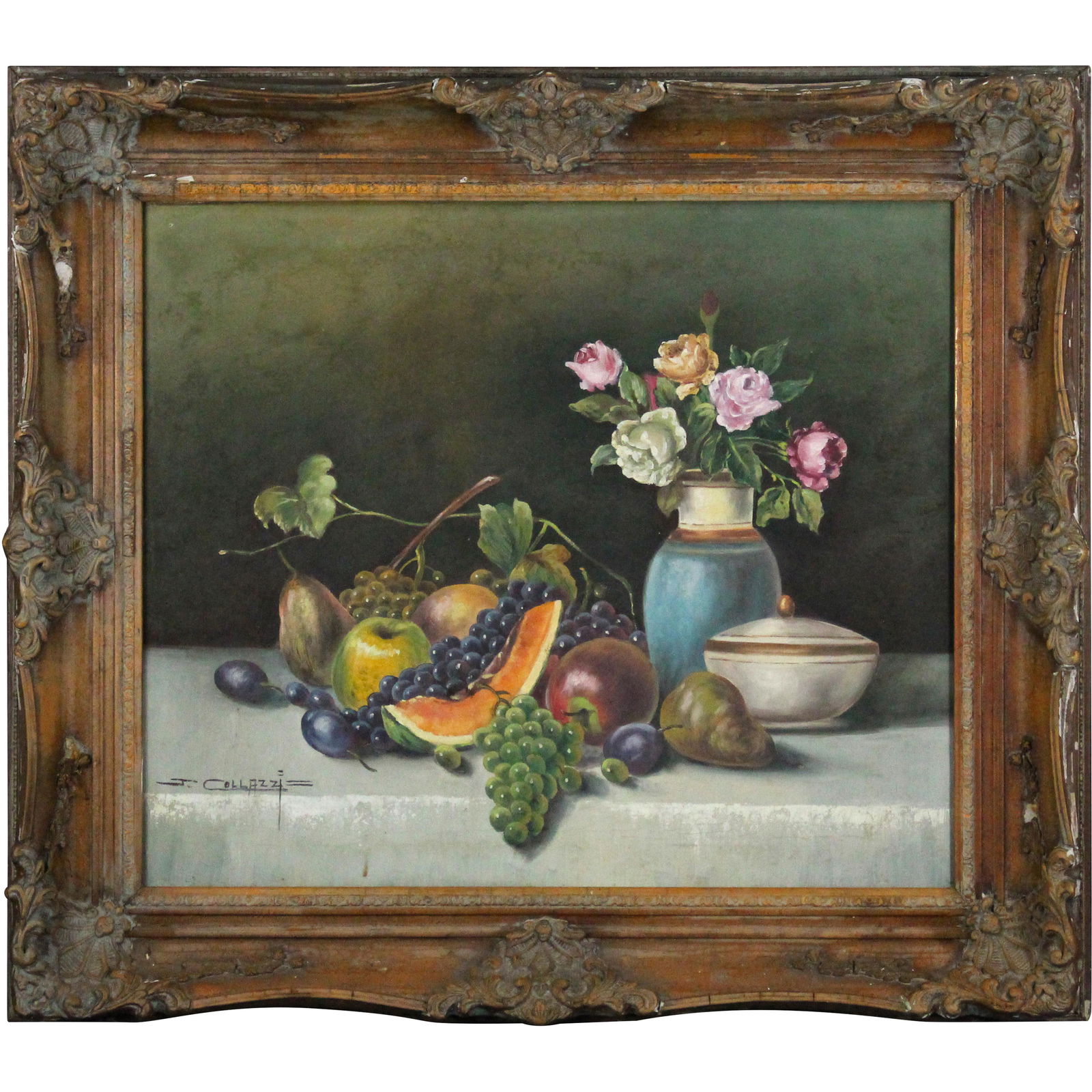J Collazzi, Vintage Oil/c Table Top Still Life Fruits