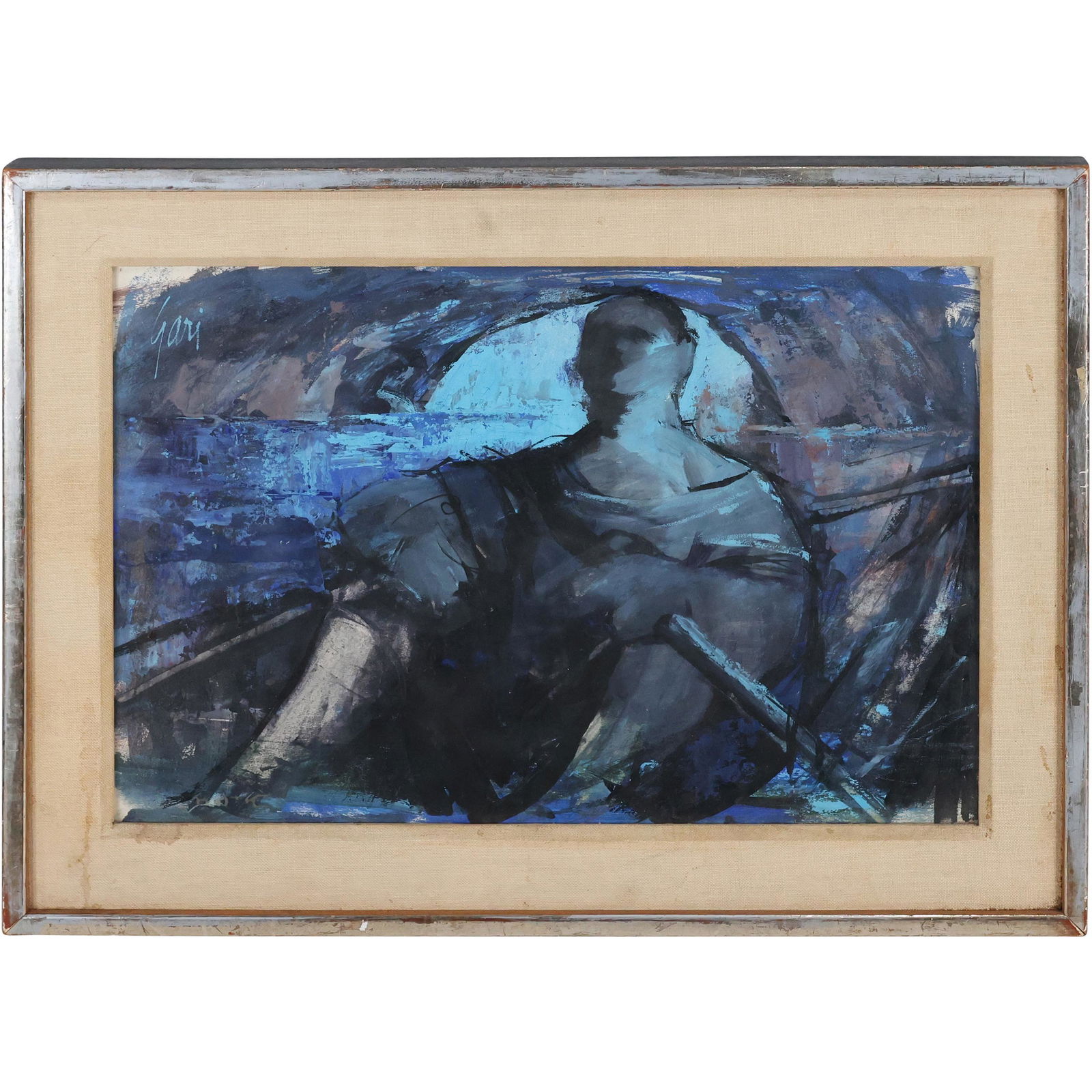 Roberto Gari, Gouache, Man Rowing Boat In Tunnel